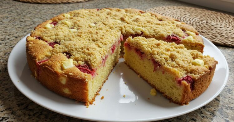 Essa cuca de morango com chocolate branco vai te surpreender